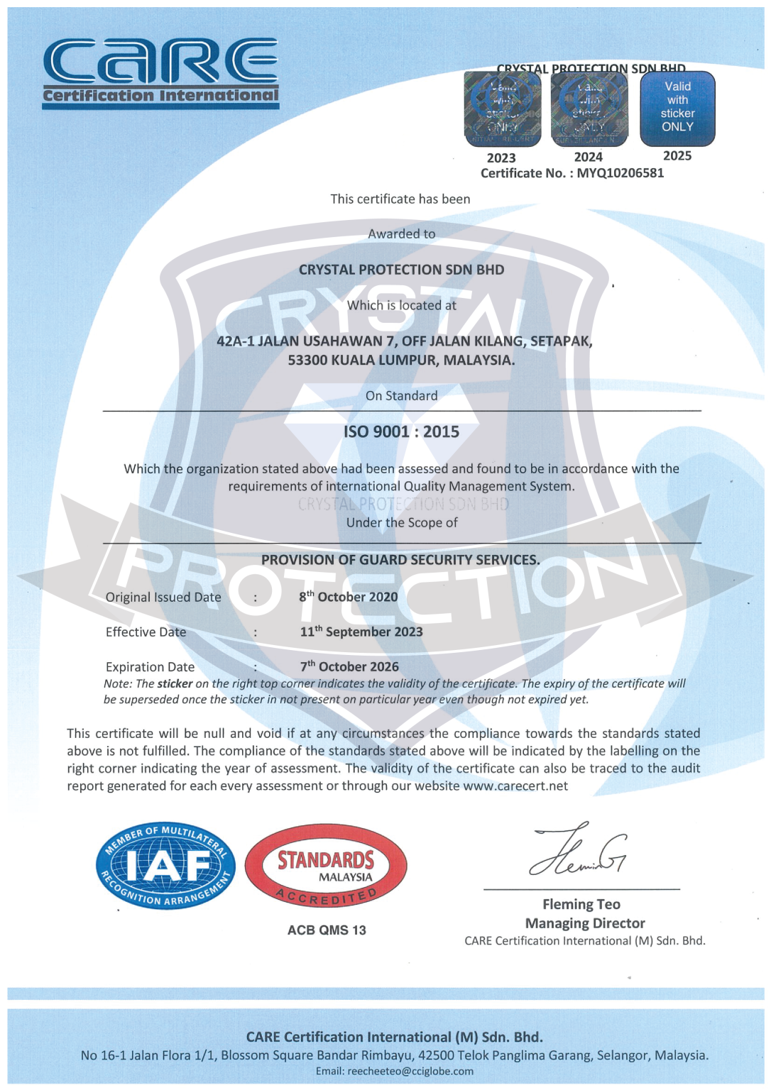 ISO Certification | CRYSTAL PROTECTION SDN BHD